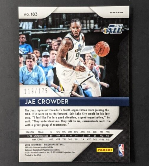 Jae Crowder 2018-19 Panini Prizm FAST BREAK BLUE #183 Basketball Card ...