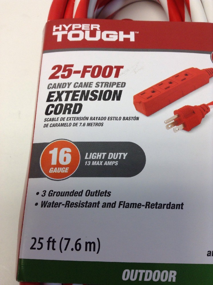 HYPER Tough 25 FT Safety Candy Cane 3 Way Plug Extension Cord for sale ...