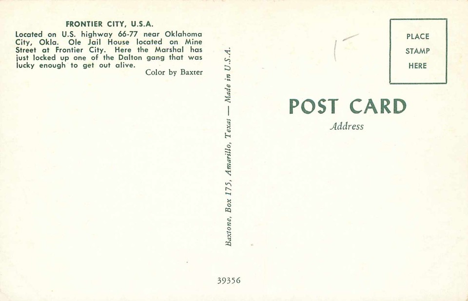 Postcard Oklahoma Frontier City Highway 66 Ole Old Jail House Unposted ...
