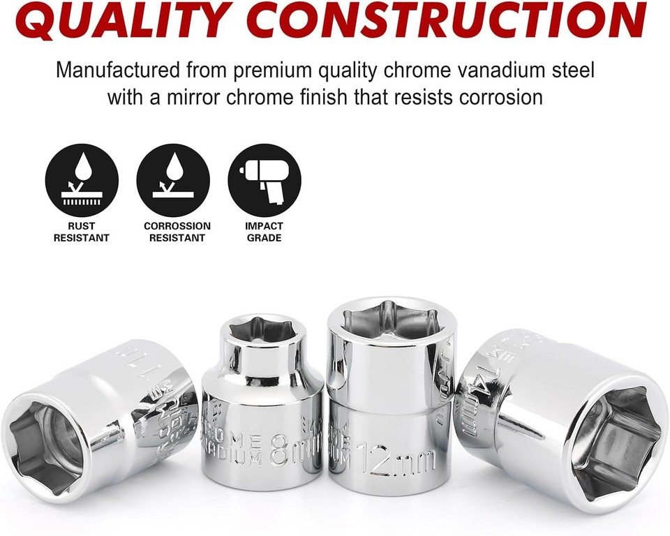 14 Piece 3/8" Drive 6 Point Stubby Socket Set Metric Mirror Chrome ...