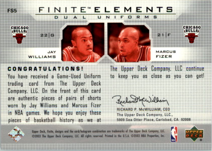 2003-04 Upper Deck Finite Elements Jerseys #FS5 Jay Williams/Marcus ...