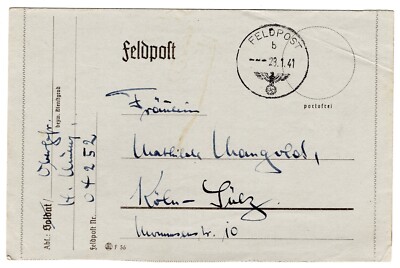 1941 Jan 29th. Postal Sheet. Feldpost to Cologne-Sulz Germany. | eBay