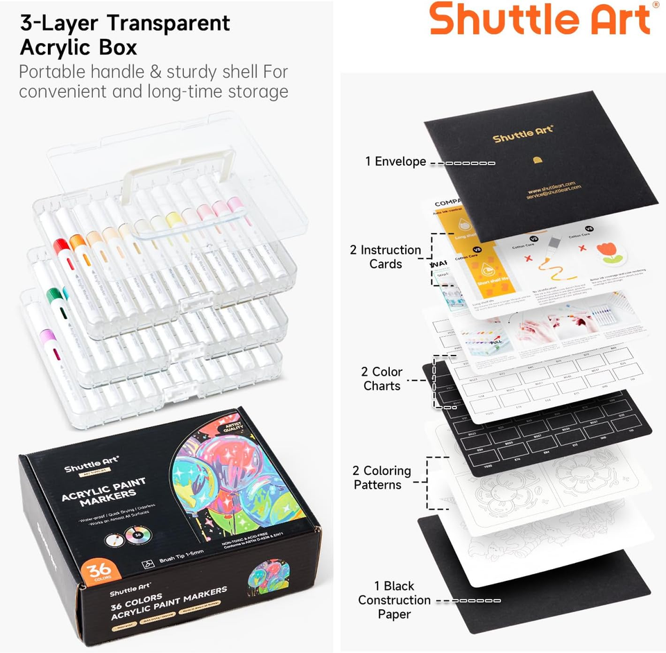 Automatic Ink Control Acrylic Paint Pens, 36 Colours Brush Tip Acrylic ...