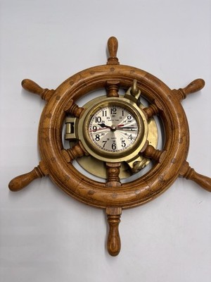 Vintage "Ship's Time" Nautical Brass Porthole Clock Captain Wheel 17.5 ...