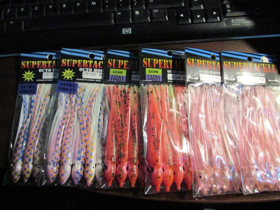 30Pc NEW Supertackle 4¾" Salmon Hoochies - Pinks - High UV Patterns | eBay