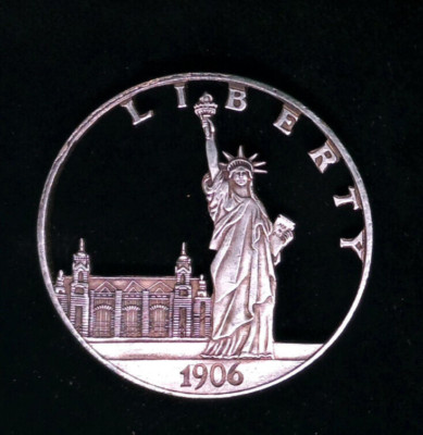 Hand Cut Coin 1909 Statue of Liberty NYC New York City Ellis Island Art ...
