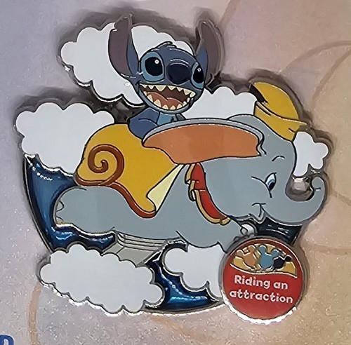 DISNEY WDW MAGIC HAP-PINS 2023 STITCH RIDING AN ATTRACTION DUMBO PIN ON ...
