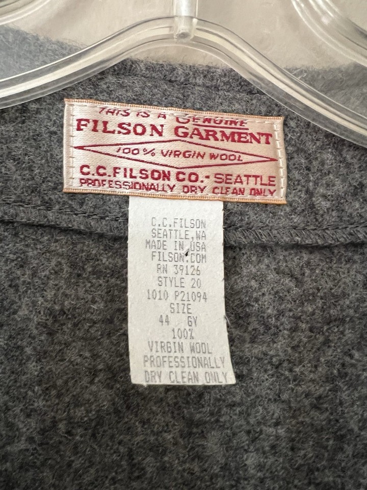 Filson Mackinaw Men's Wool Vest Size 44 Style 20 Hunting USA Made Gray ...