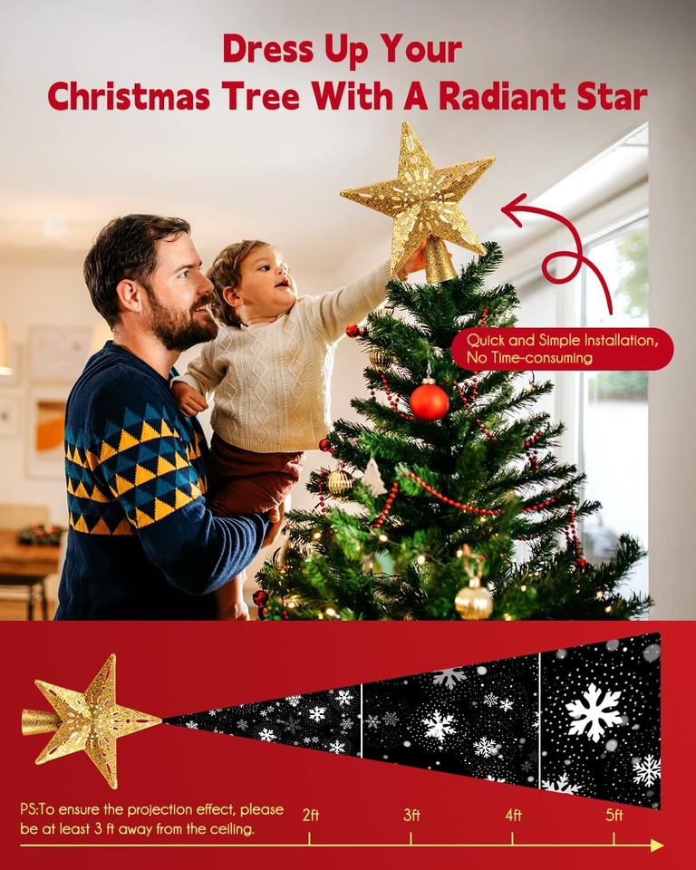 Christmas Star Tree Topper with Built-In Led Snowflake Projector Lights ...