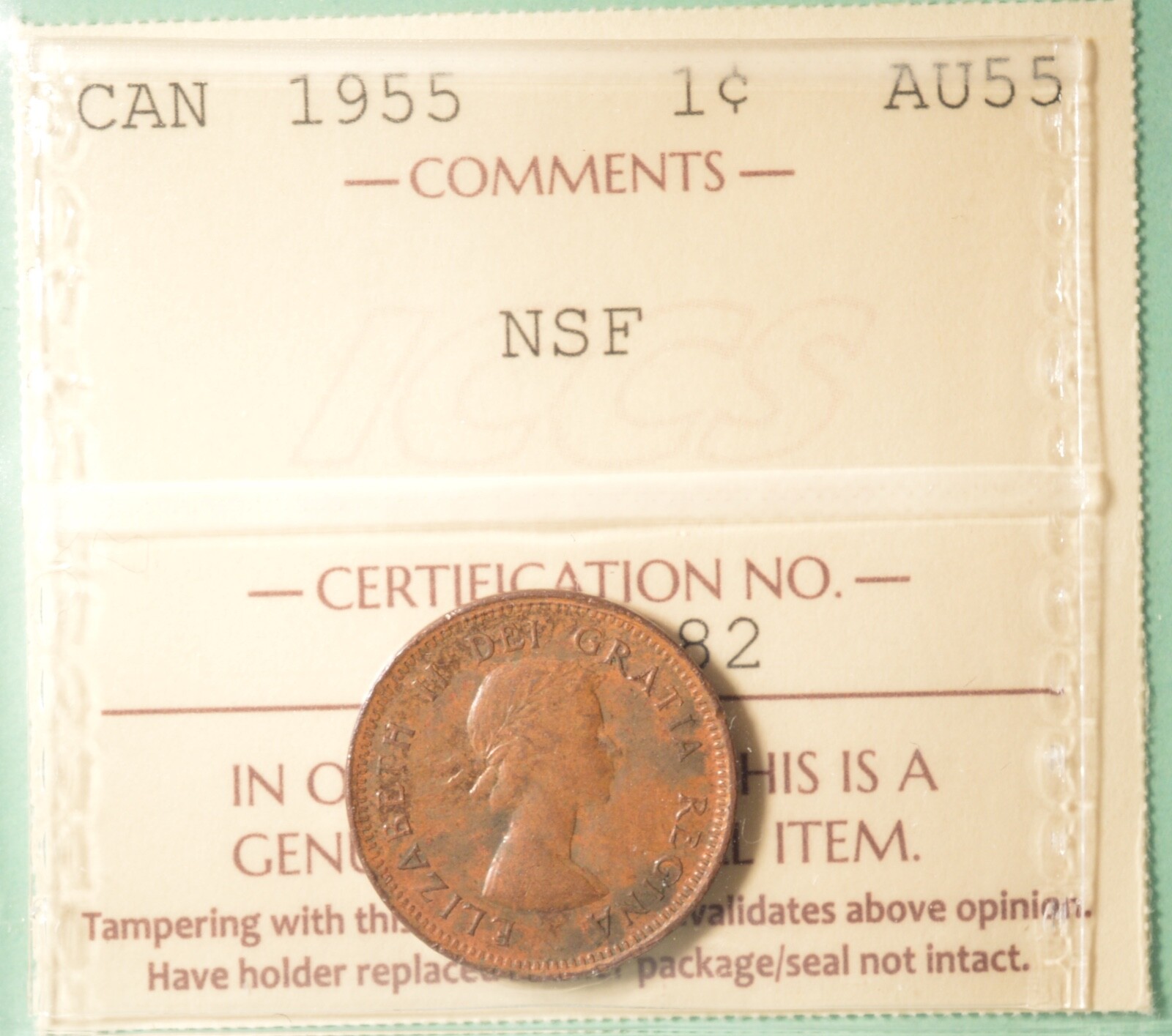 1955 Canada Penny - RARE - NSF No Shoulder Fold - ICCS AU-55 serial ...