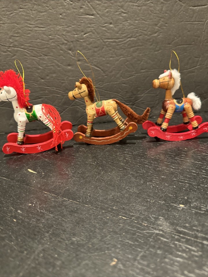 5 VTG Wooden Christmas Ornaments Rocking Horses Toy Soldier Boy W ...