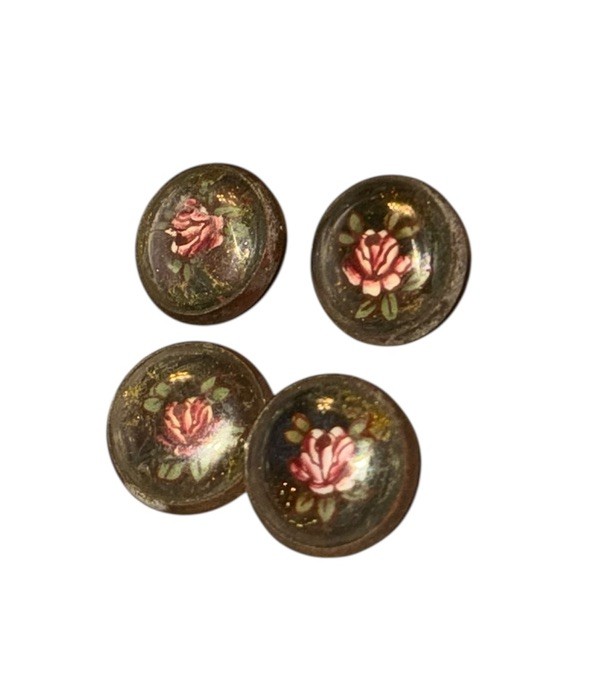 Antique Bubble Glass Dome Shank Button Painted Glitter Pink Flowers ...