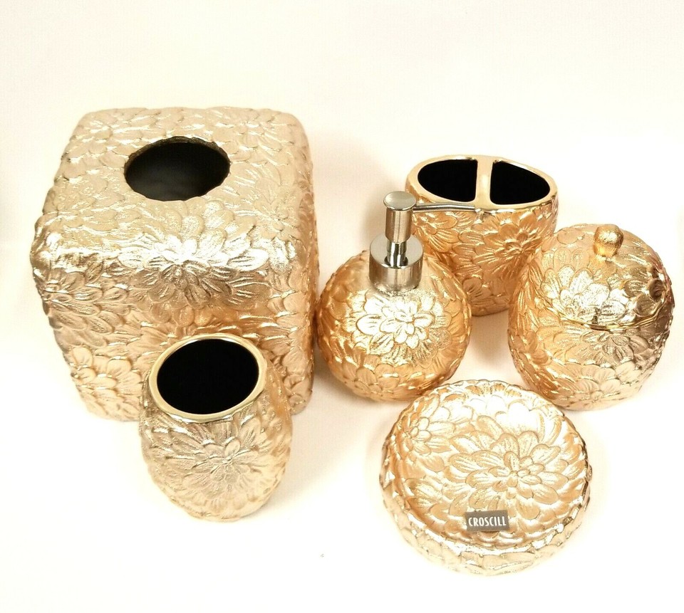6 PC CROSCILL METALLIC ROSE GOLD 3D FLORAL SPHERE SOAP DISPENSER,DISH ...