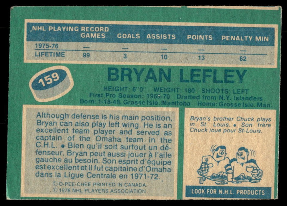 1976 O-Pee-Chee #159 Bryan Lefley Very Good | eBay