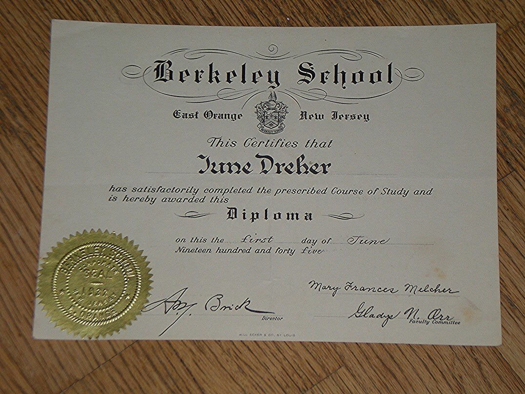 Vintage 1945 BERKELEY SCHOOL Diploma, East Orange, NJ, w/ Seals and ...