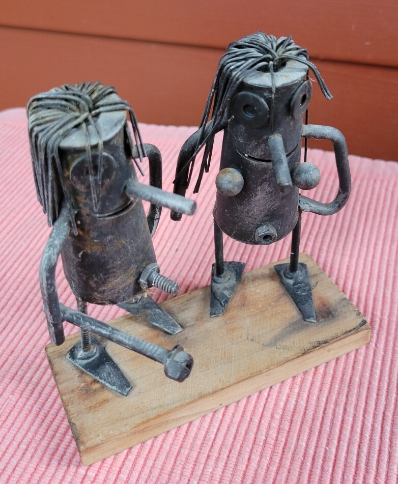 Vintage Small Metal Happy Smiling Male & Female Caveman Sculpture ...