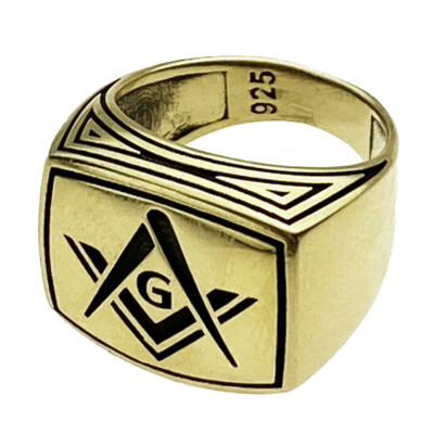 Men's Masonic Mason Ring Real 925 Sterling Silver w/Gold Plated Black ...