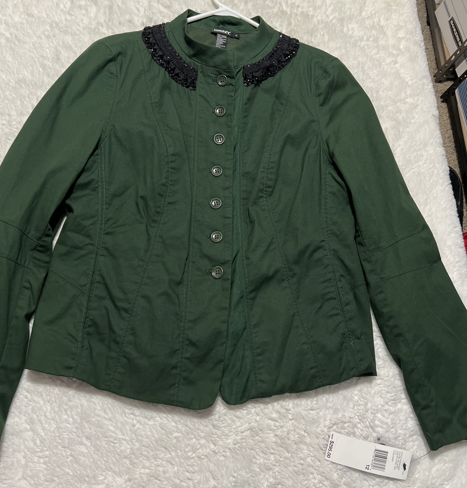 DKNY Size 12 Cotton Blazer Jacket Button Up Beaded Neck Detail Pockets ...