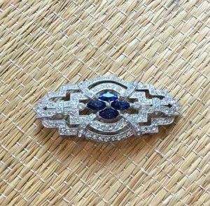 Art Deco Blue Sapphire & White CZ Women's Classic Excellent Brooch In ...