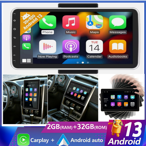 2 Din 10 inch Android 13 Rotatable Car Radio Stereo Apple CarPlay GPS ...
