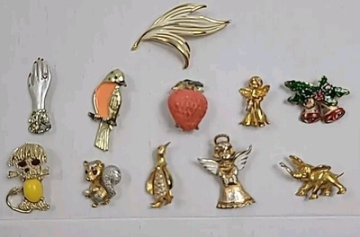 Metal Enabled Pins Brooches Jewelry Quality Lot of 11 Vintage 60s 70s ...