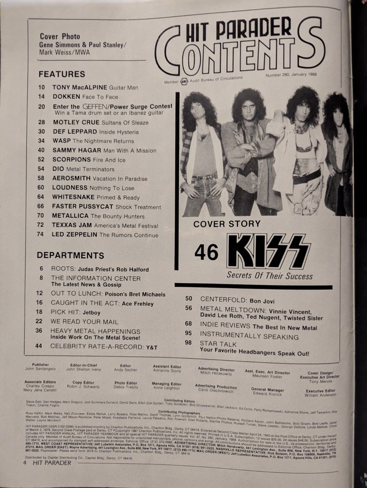 Hit Parader Magazine January 1988 KISS, Crue, Ace, Vinnie Vincent ...