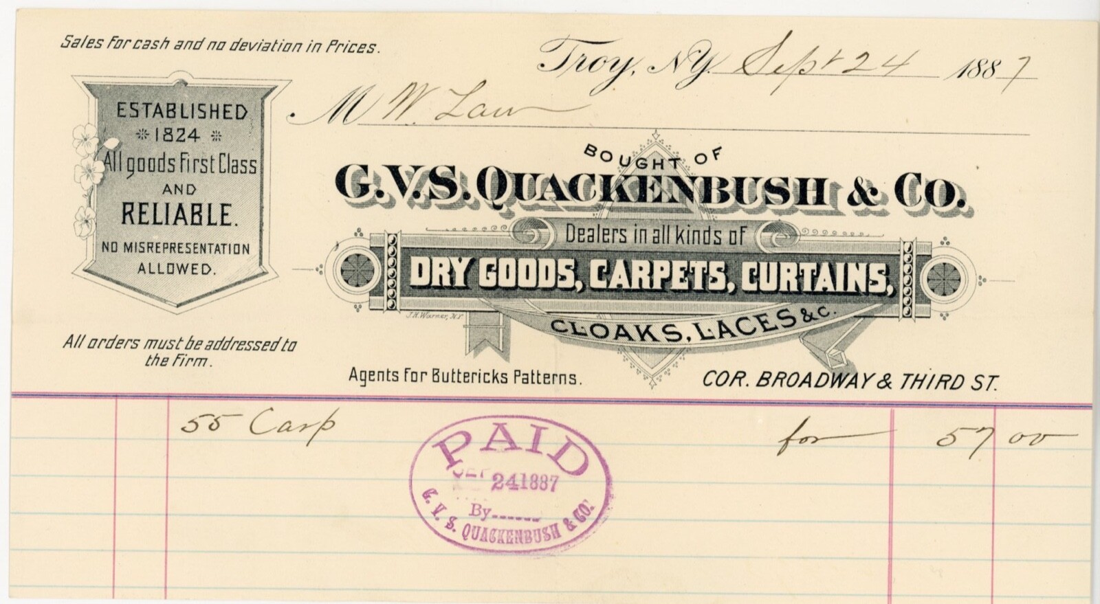 1887 G. V. S. Quackenbush Billhead Troy New York Dry Goods Carpet ...