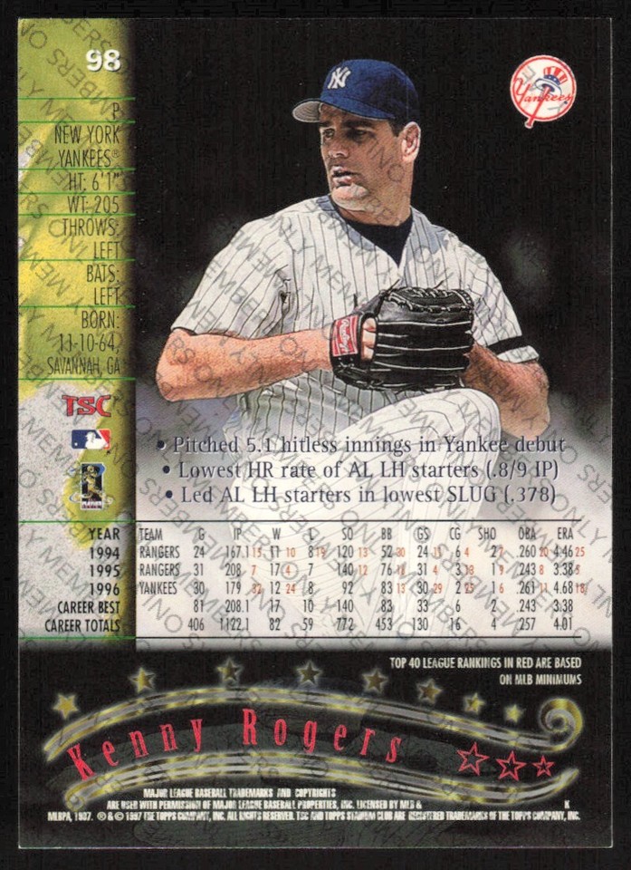 1997 Topps Stadium Club Members Only Kenny Rogers #98 New York Yankees ...