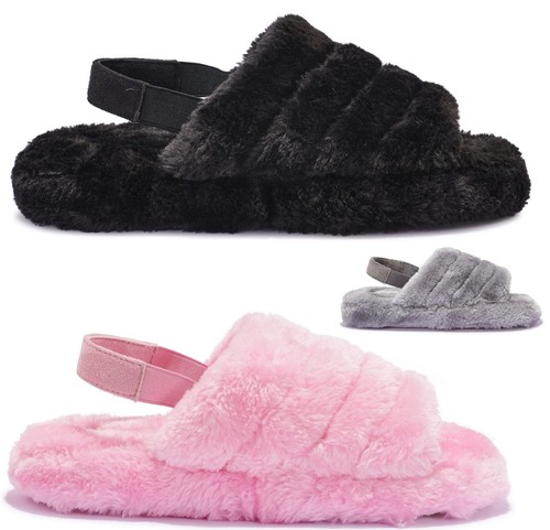 WOMENS LADIES FAUX FUR FLUFFY SLIDERS SLIP ON FLAT WARM SLIPPERS ...