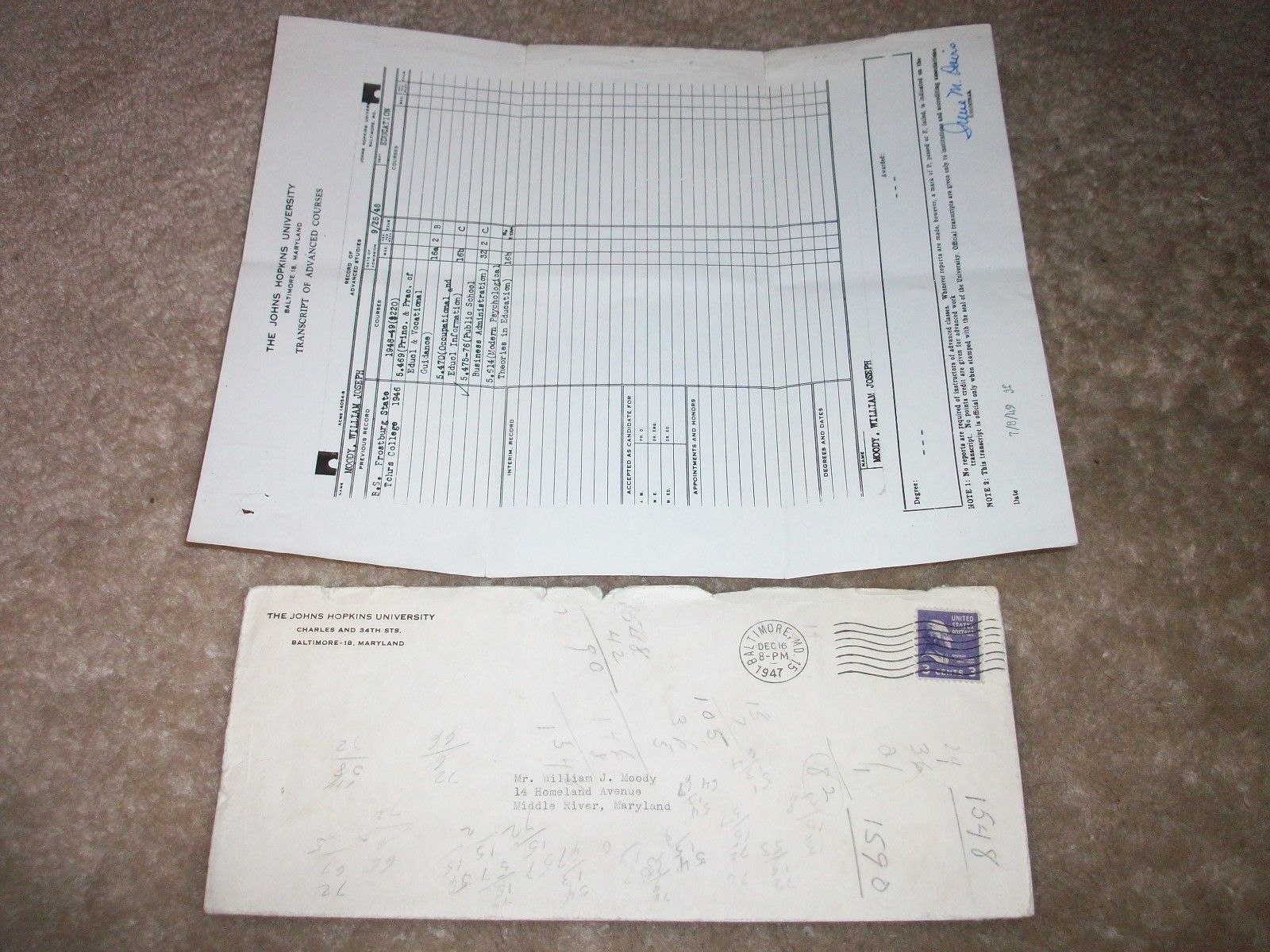 1949 Original Johns Hopkins University Transcript & 1947 Envelope w 3 ...