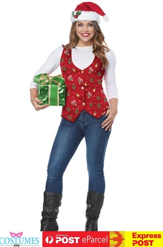 Adult Santa Red Vest Elf Helper Christmas Xmas Fancy Dress Costume ...