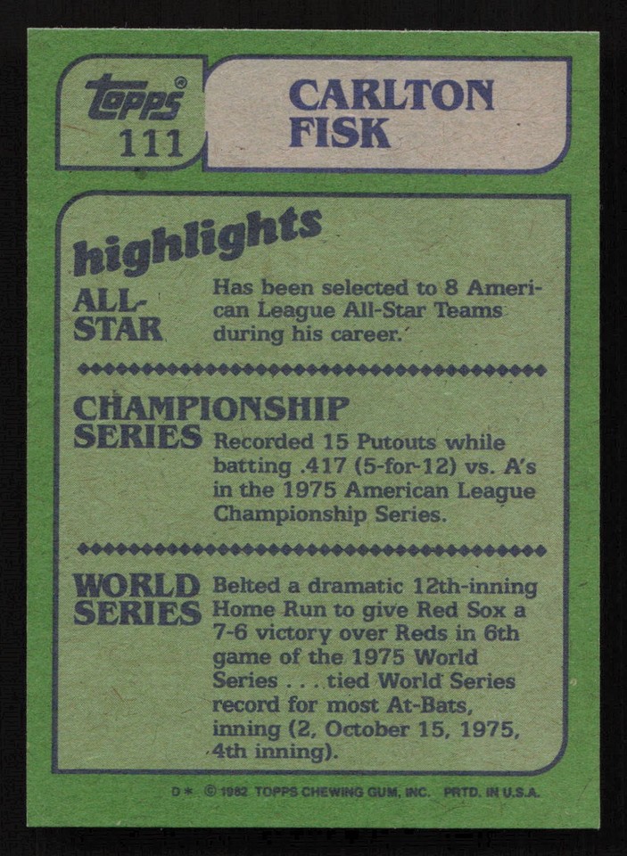 Carlton Fisk 1982 Topps #111 Card TCCCX | eBay