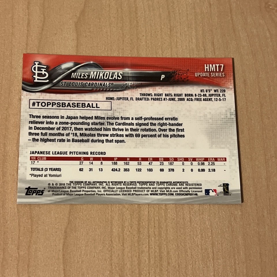 Miles Mikolas 2018 Topps Chrome Update Series Rookie Refractor Auto ...