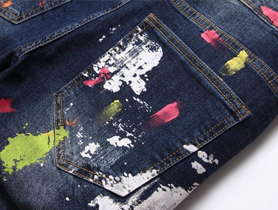 Men's Blue Color Printed Straight Leg Denim Jeans Trousers Pants Punk ...