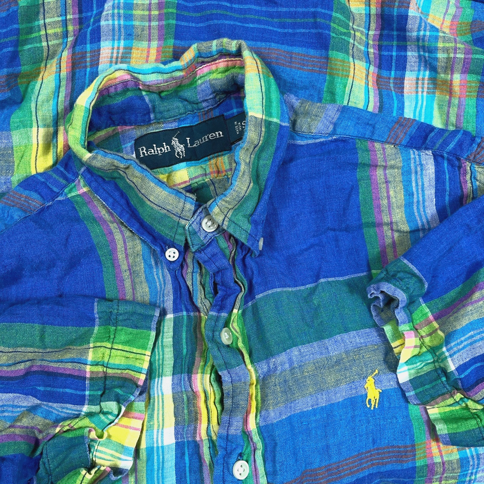 Ralph Lauren Linen Shirt Men Small Blue Yellow Button Up Tartan Madras ...