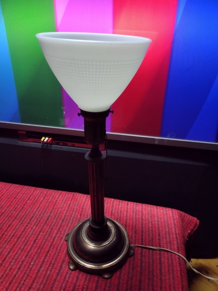 Vtg Rembrandt style Brass Pillar Torchiere Column w Glass shade table ...