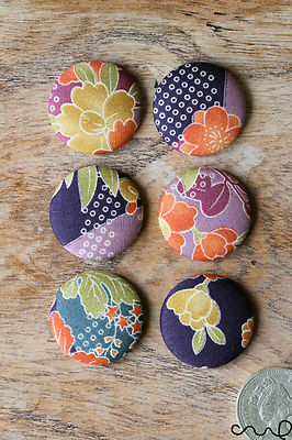 6 Handmade Japanese Patterns Floral Black FLAT BACK NO LOOP Buttons 40L ...