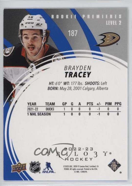 2022-23 Upper Deck Trilogy - Rookie Premieres Blue #187 Brayden Tracey ...