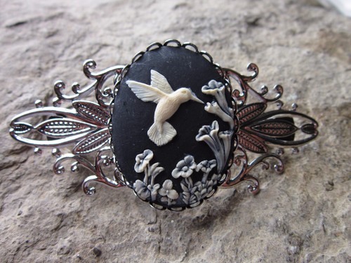 BLACK HUMMINGBIRD CAMEO SILVER FILIGREE BARRETTE - BIRD - BRIDAL ...