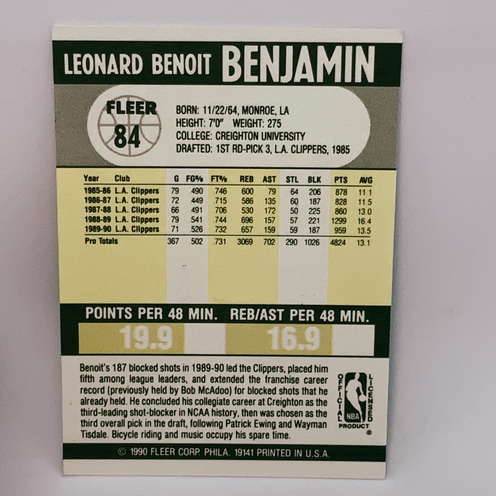 Fleer 90 NBA Basketball Card #84 Benoit Benjamin Center - Los Angeles ...