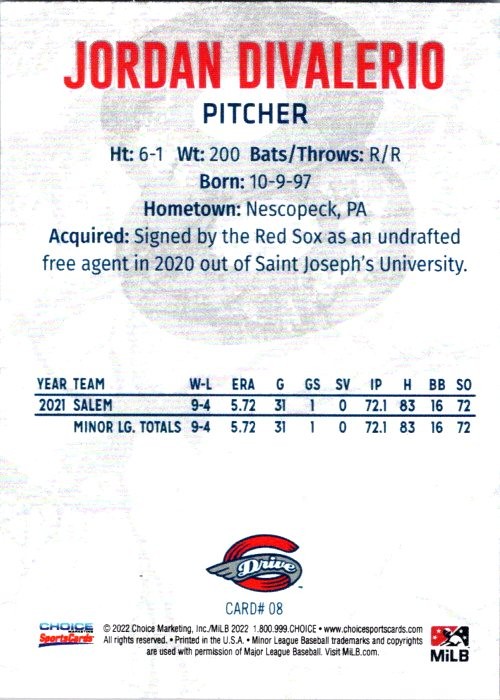 Jordan Divalerio 2022 Choice Greenville Drive #08 Greenville Drive | eBay