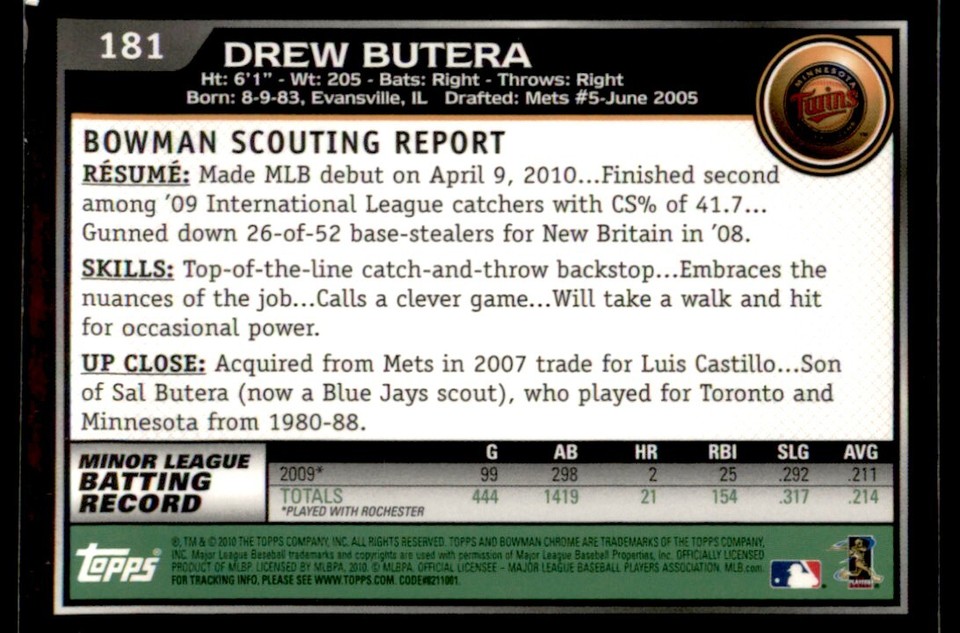 2010 BOWMAN CHROME DREW BUTERA MINNESOTA TWINS #181 | eBay