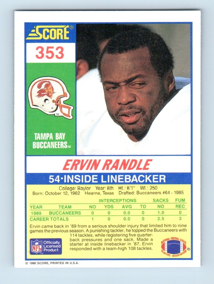 1990 Score Ervin Randle Tampa Bay Buccaneers #353 | eBay