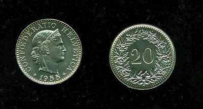 SWITZERLAND REPUBLIC 1955-B 20 RAPPEN COIN, BRILLIANT UNCIRCULATED! | eBay