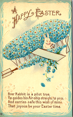 Postcard~ Happy Easter Brer Rabbit Flying Plane of For-Get-Me- Nots ...