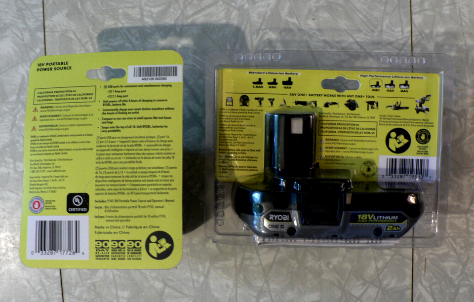 NEW Ryobi P743 18V Portable Power Source and PBP003 2Ah Lithium-Ion ...