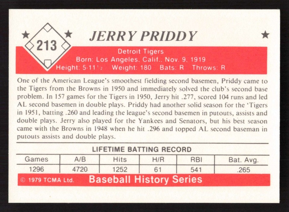 Jerry Priddy 1979 TCMA The 1950's #213 Detroit Tigers {0814 | eBay