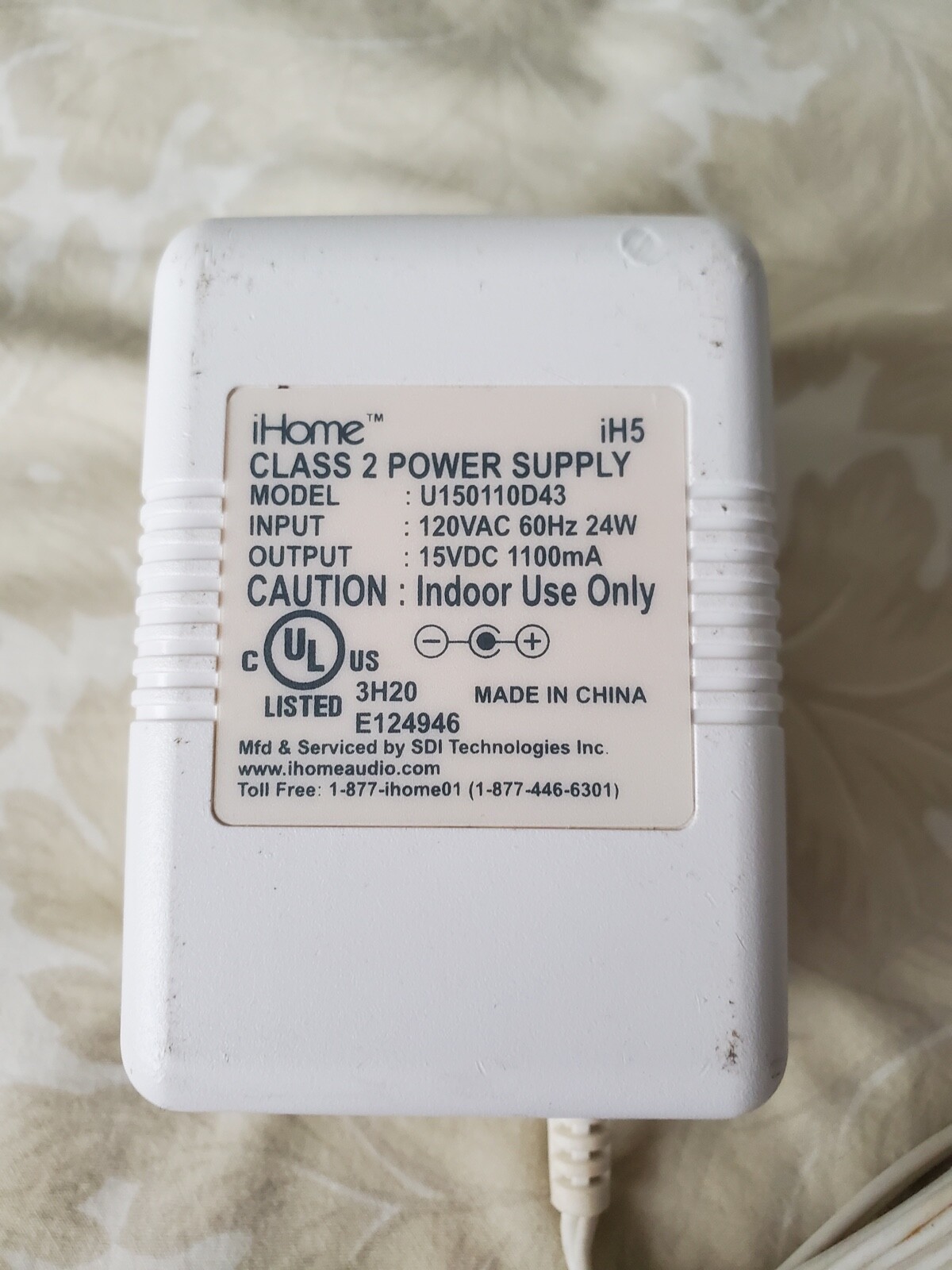 iHome Ih5 AC Adapter Class 2 Power Supply 15 VDC 1100ma U150110D43 for ...