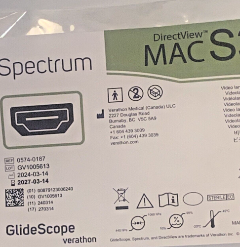 Spectrum GlideScope DirectView MAC S3 Video Laryngoscope Blade, Sealed ...