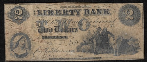 1858 $2 The Liberty Bank Obsolete Note Providence Rhode Island "VG/F ...